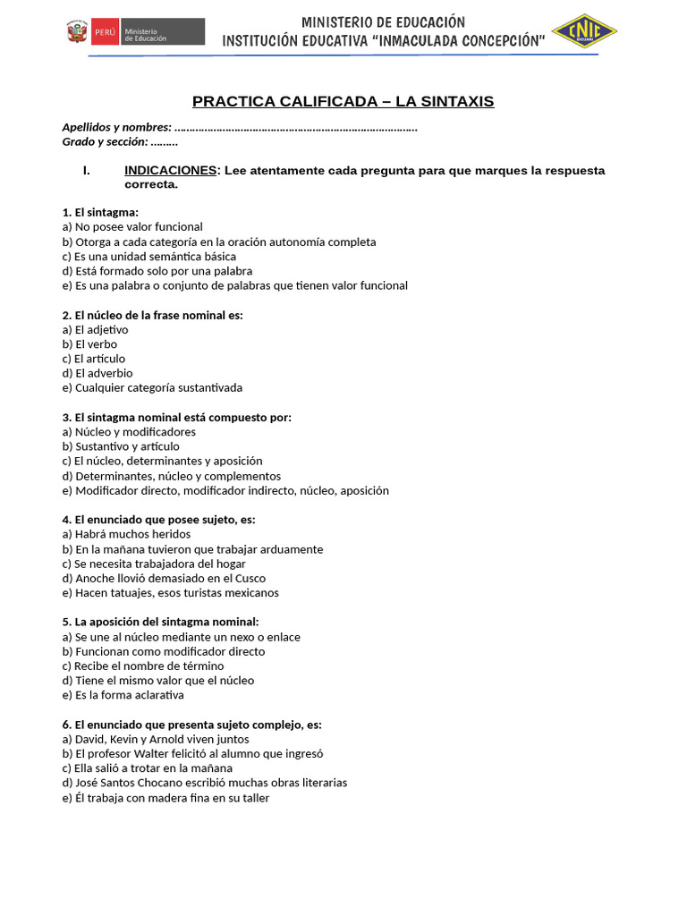 PC Sintaxis | PDF | Oración (Lingüística) | Asunto (gramática)