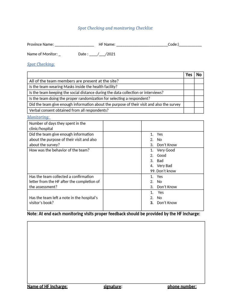 Monitoring Checklist - BSC-2020 | PDF