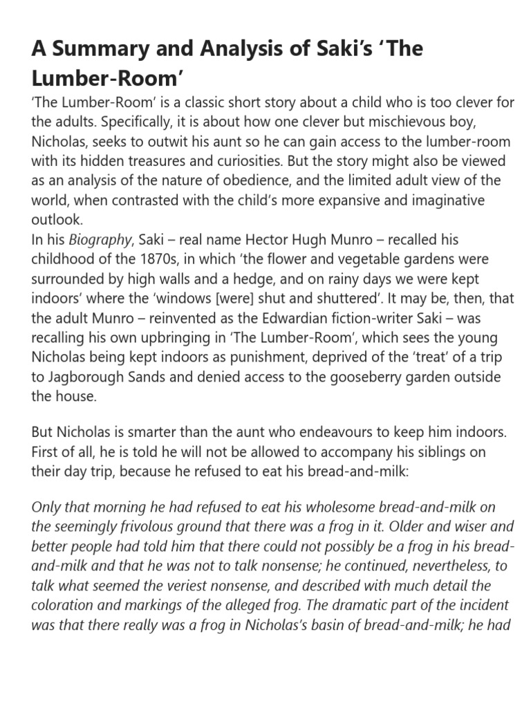 Analysis of Saki's "The Lumber-Room" | PDF | Saki