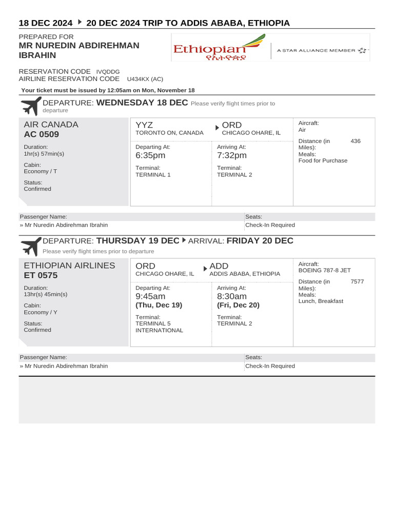 Travel Reservation December 18 For MR Nuredin Abdirehman Ibrahin 2 | PDF | O'hare International ...