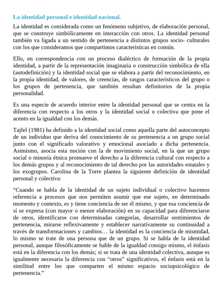 Identidad Personal y Nacional: Construcción y Crisis | PDF | Grupo ...