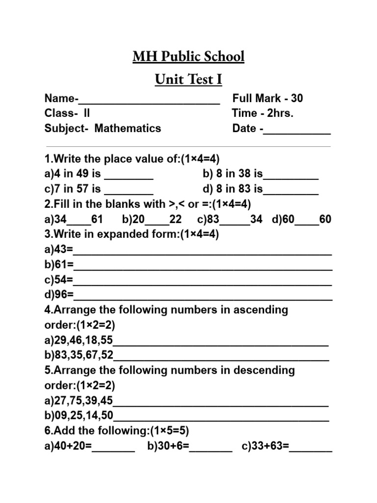 Class 2 Math Unit Test Questions | PDF