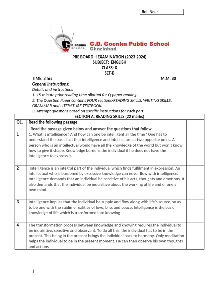 English Exam: Intelligence & Meditation | PDF | Intelligence | Knowledge