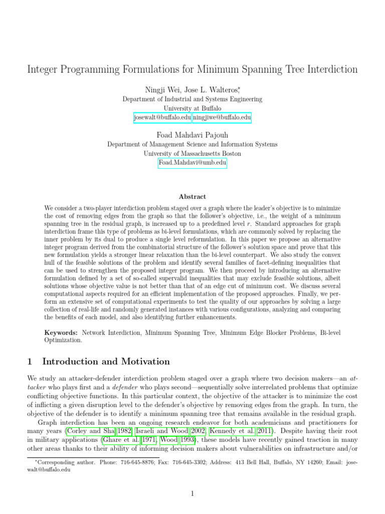 Integer Programming for Spanning Tree Interdiction | PDF | Linear ...
