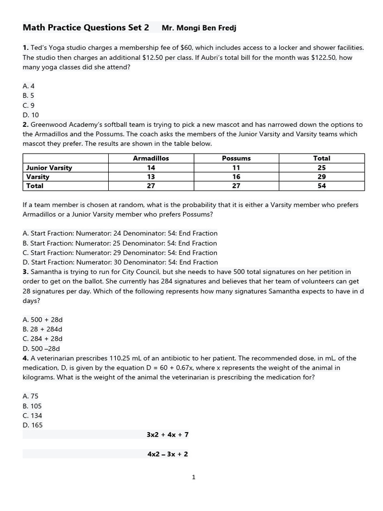 Math Practice Questions Set 2 | PDF | Sampling (Statistics) | Emergency ...