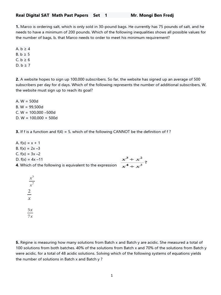 SAT Math Past Papers Set 1 | PDF | Inequality (Mathematics) | Dose ...
