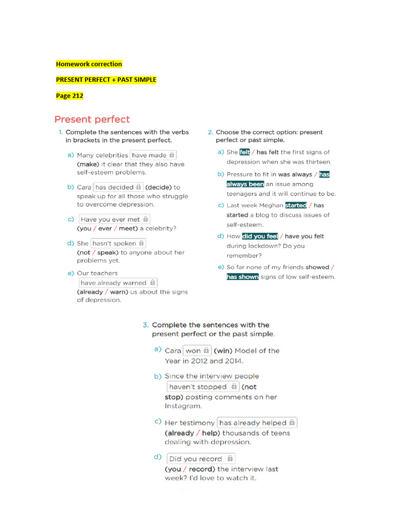Homework Correction p212 Present Perfect 10th Grade | PDF