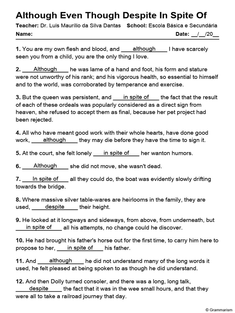 grammarism-although-even-though-despite-in-spite-of-test-1-solved | PDF