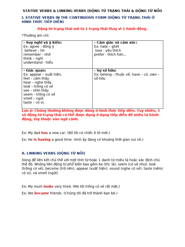 Stative Verbs & Linking Verbs | PDF