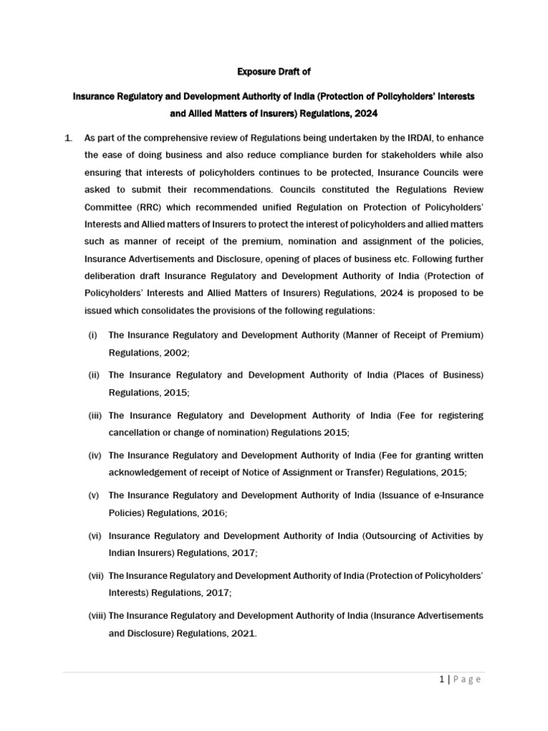 IRDAI Policyholders' Protection Draft 2024 | PDF | Insurance ...