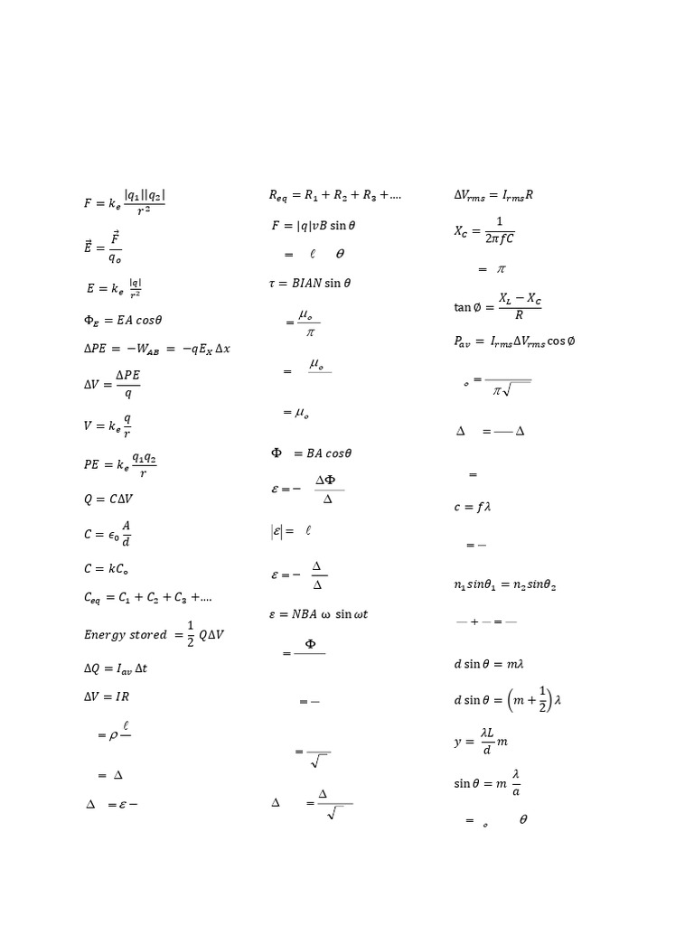 Appendix 2 - Formulas PHY098 - FinalsMay2022 | PDF