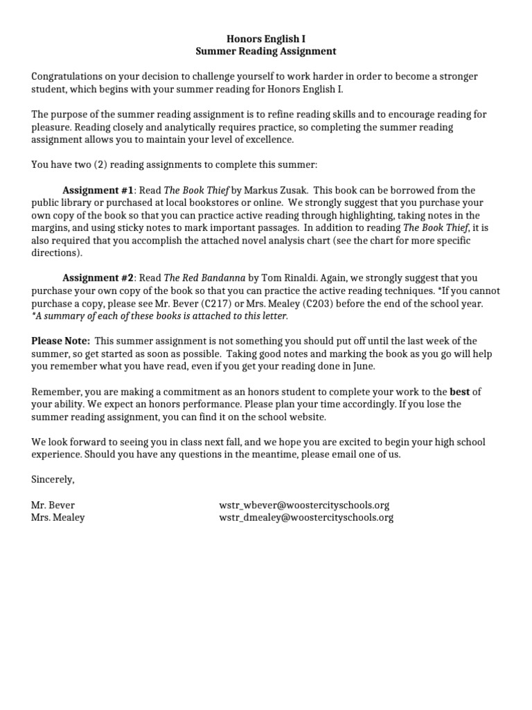 Honors English I Summer Reading Guide | PDF