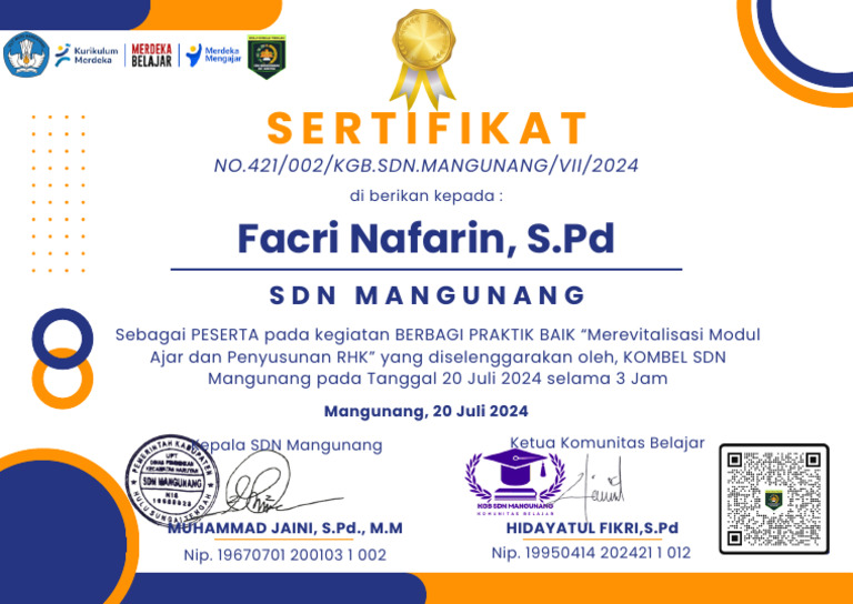 SERTIFIKAT KOMBEL Facri Nafarin ..SDN MANGUNANG 20 JULI 2024 | PDF