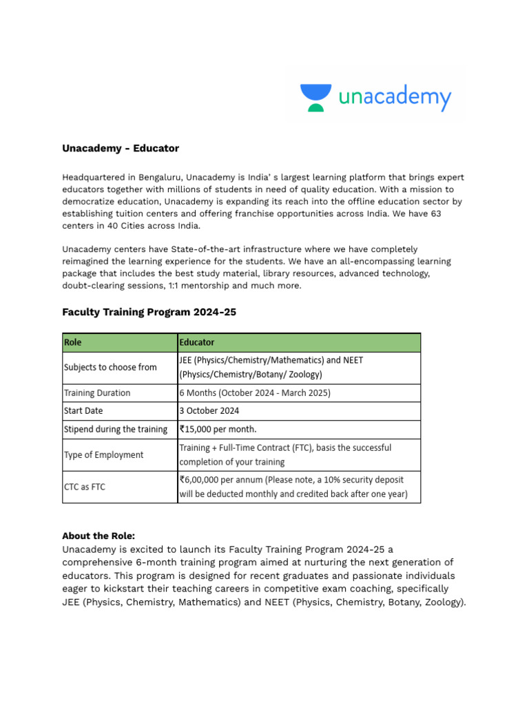 Unacademy Faculty Training Program 2024-25 | PDF | Postgraduate ...