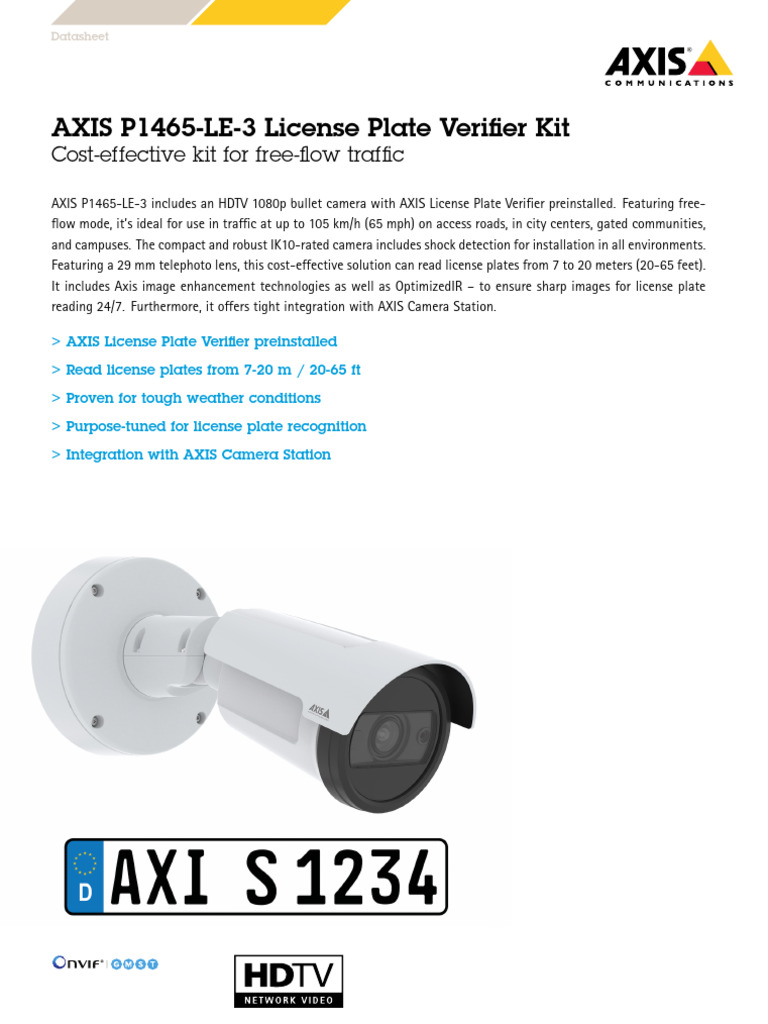Datasheet Axis p1465 Le 3 License Plate Verifier Kit en US 451007 | PDF | Camera | Video