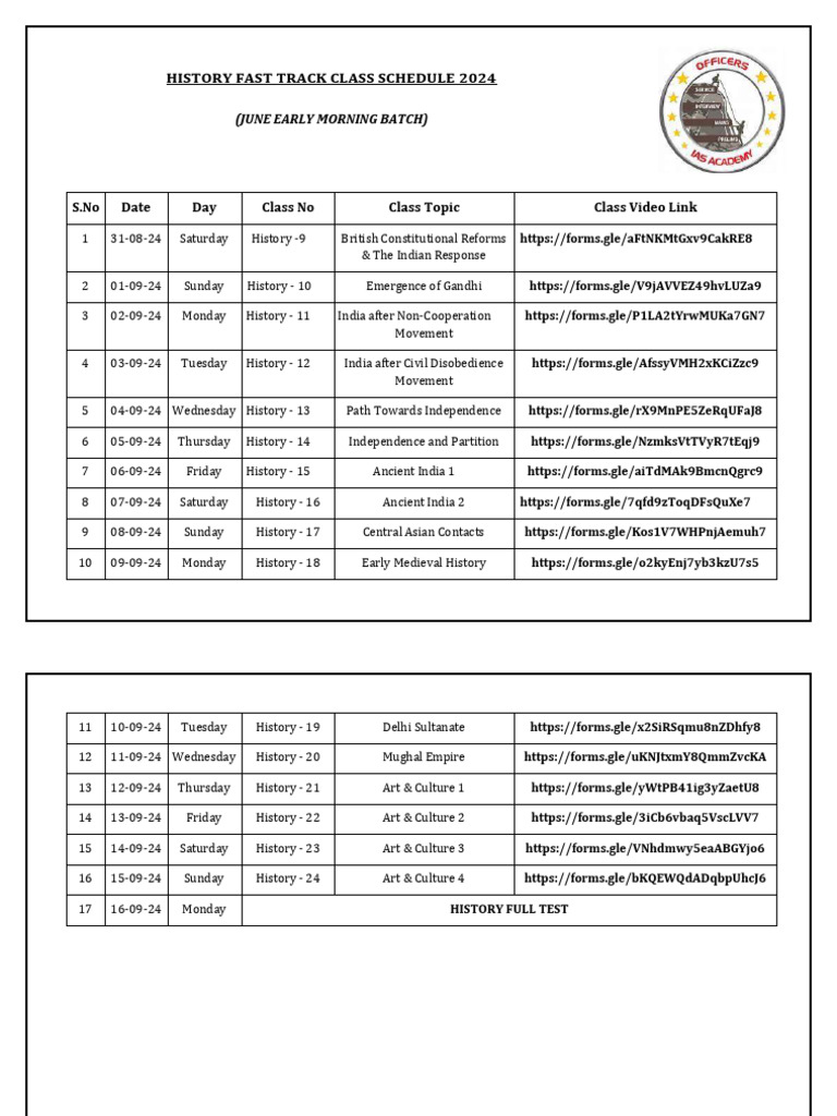History Fast Track Class Schedule 2024 - June em Batch | PDF