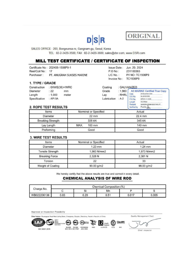 Sertifikat Wire Rope Zoomlion | PDF
