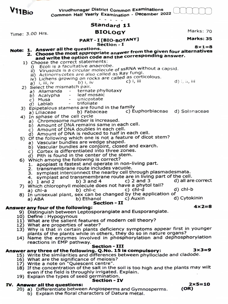 11th Biology EM Half Yearly Exam 2022 Original Question Paper ...