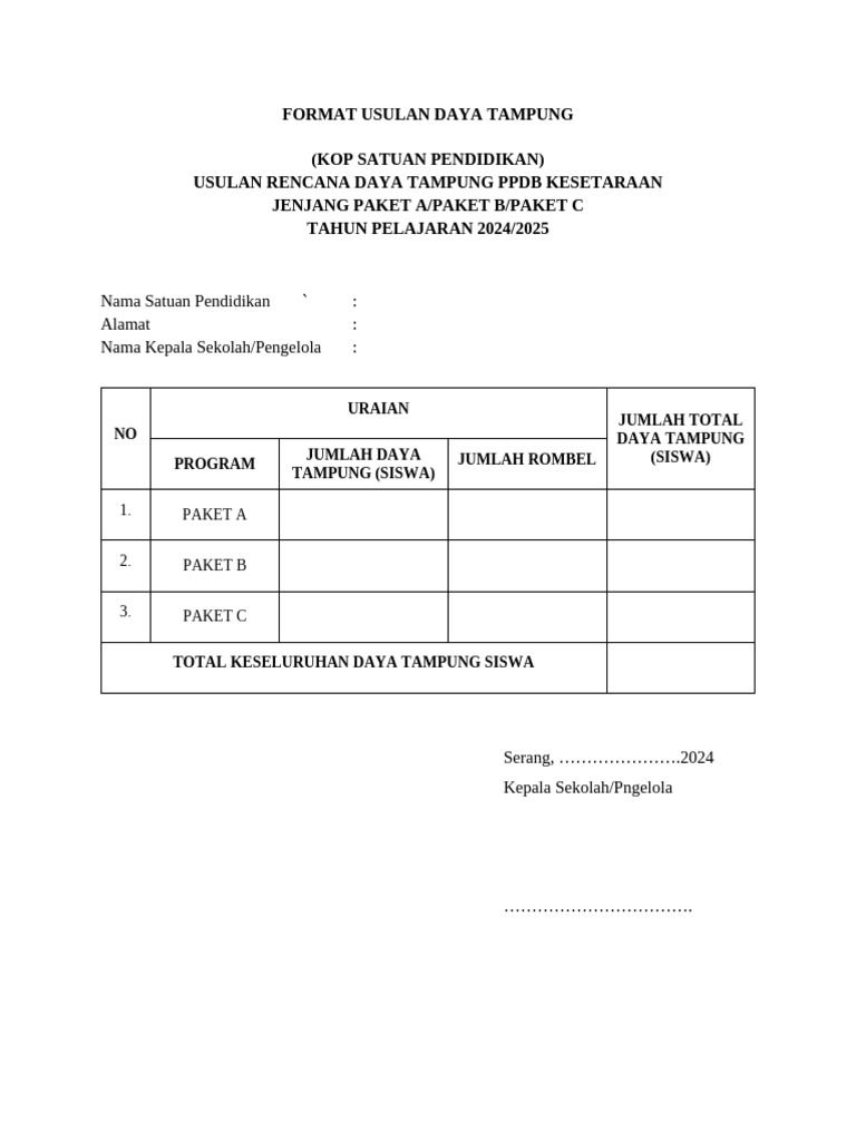 Format Usulan Daya Tampung Siswa 2024-2025 | PDF
