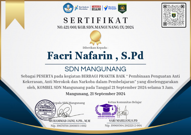 SERTIFIKAT KOMBEL Facri Nafarin SDN MANGUNANG 21 SEP 2024 | PDF