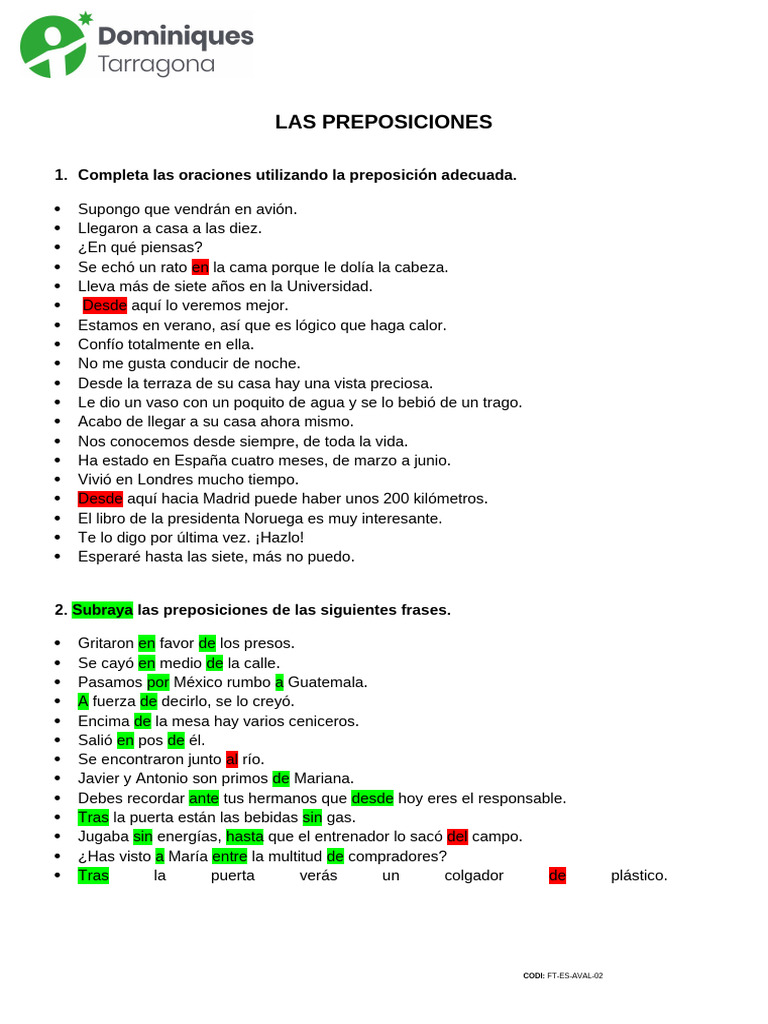 Ejercicios de Preposiciones en Español | PDF