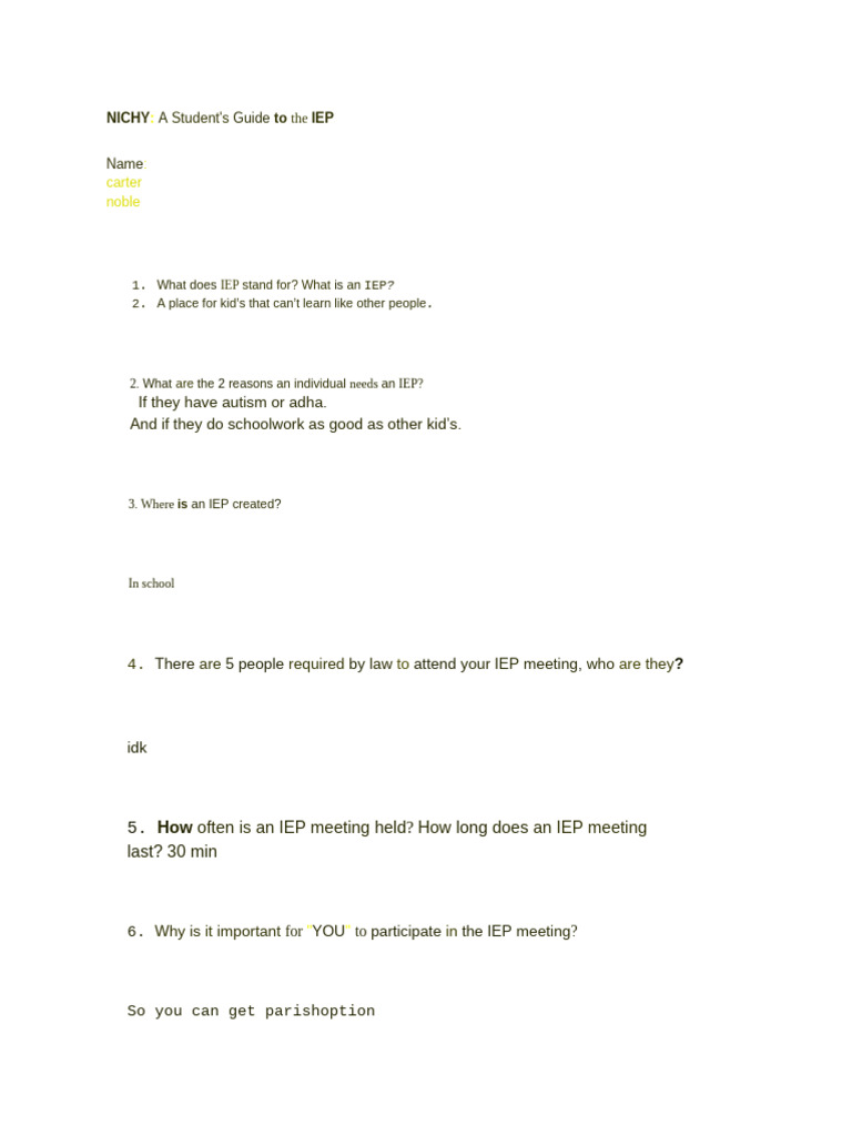 Lesson 16 - A Student's Guide To An IEP Worksheet This One | PDF