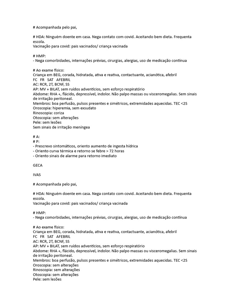 Exame fisico UPA PED | PDF | Febre | Medicina Clínica