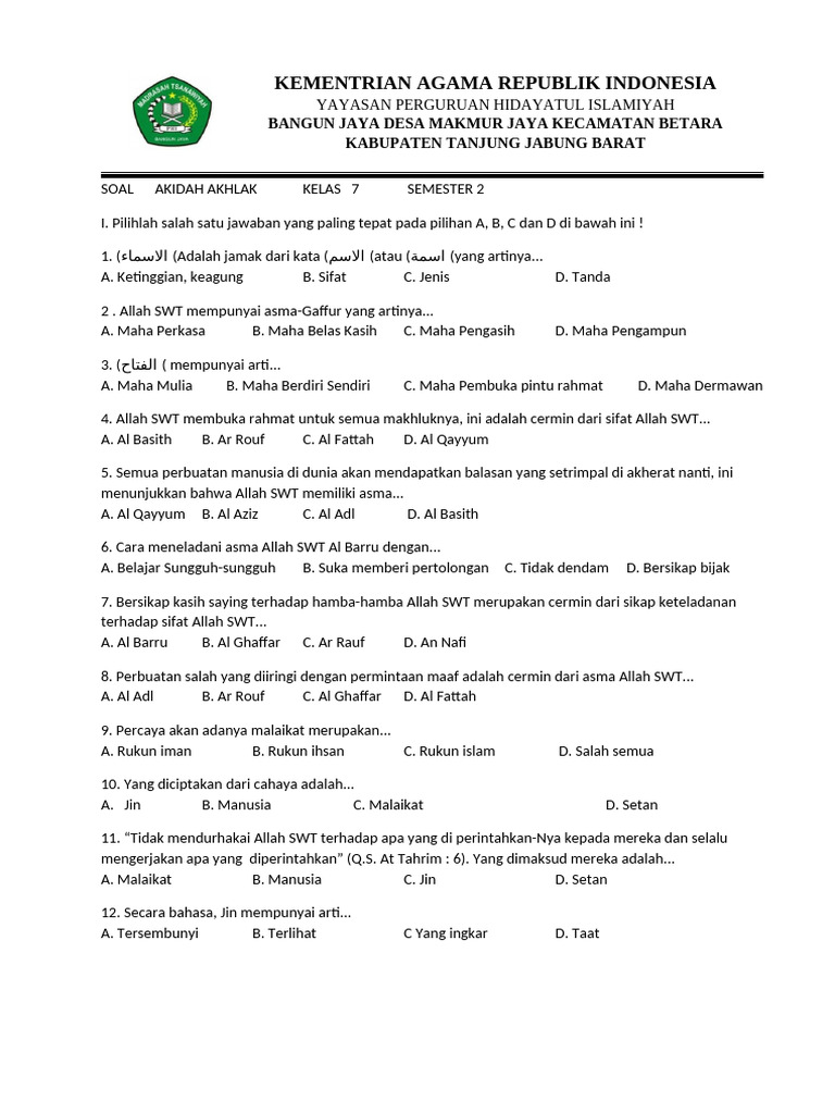 Soal Akidah Akhlak Kelas 7 SMTR 2 | PDF