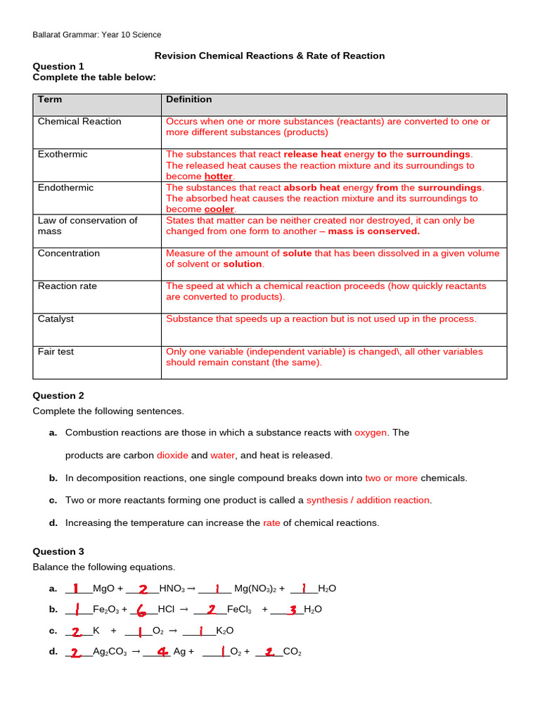 Yr 10 Revision Chemical Reactions & Rate of Reaction Solutions | PDF ...