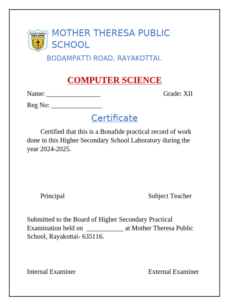 GR XII CS Practical FRONT SHEET | PDF GR XII CS Practical FRONT SHEET | PDF