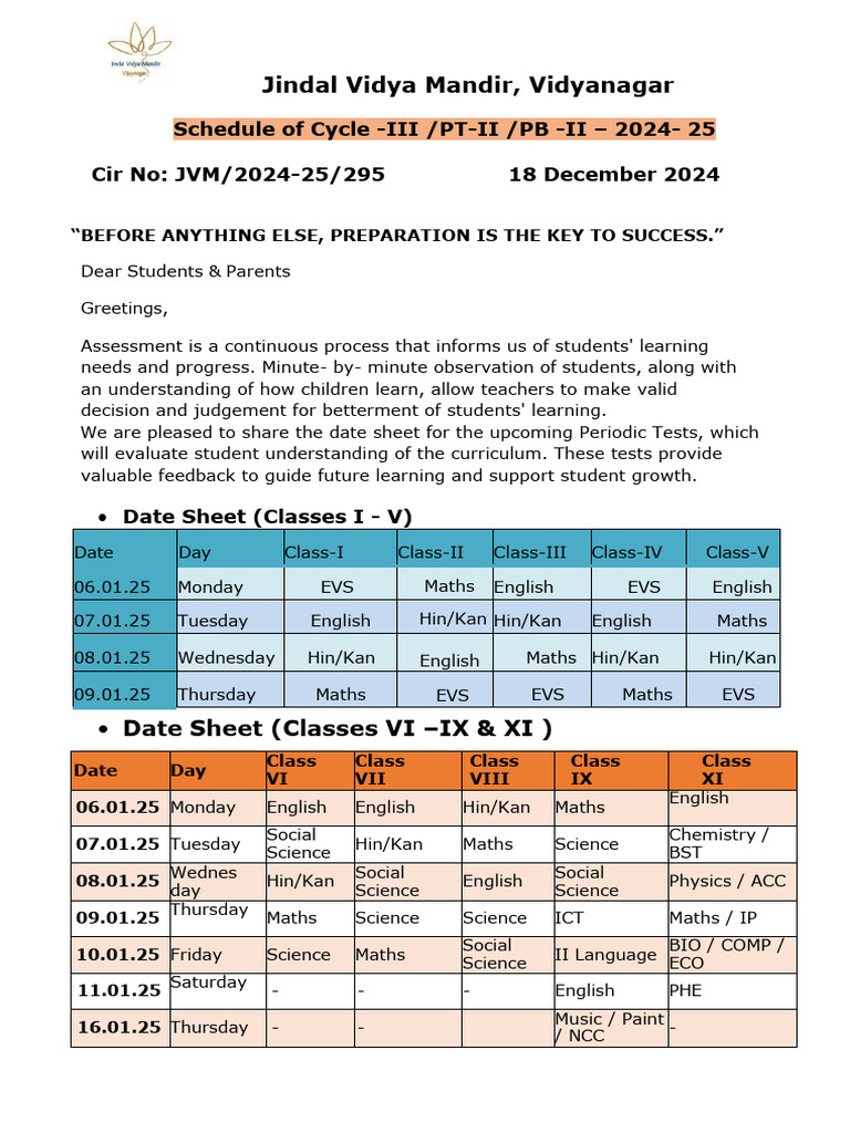 Schedule for Class I to XII | PDF | Science