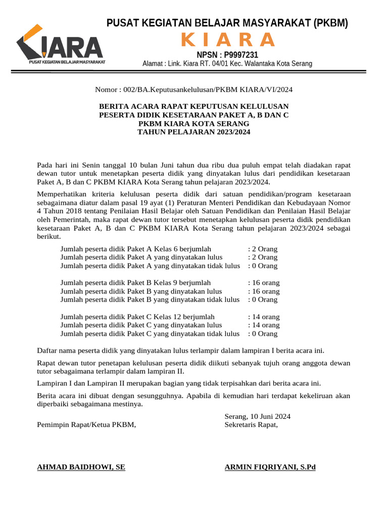 Berita Acara Kelulusan PKBM KIARA 2024 | PDF