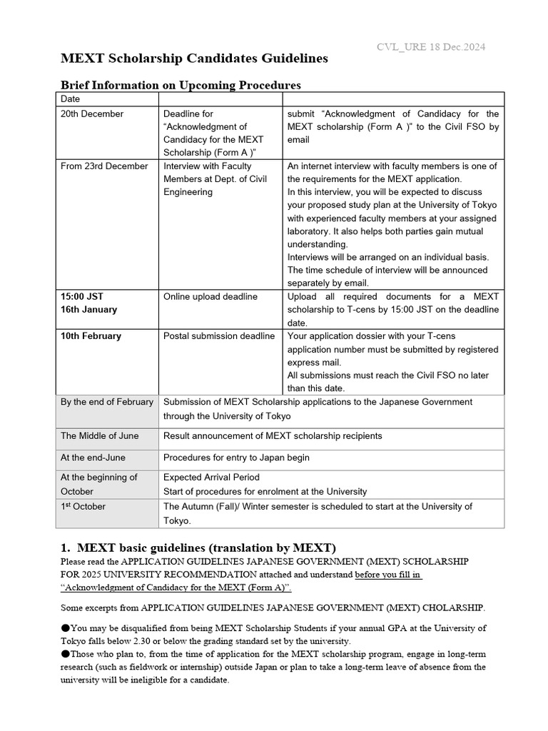MEXT Scholarship Guide for Applicants | PDF