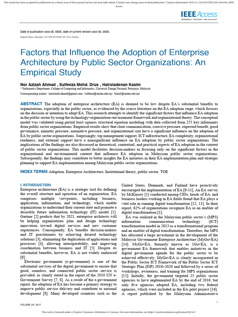 Factors That Influence The Adoption of Enterprise Architecture by Public Sector Organizations An ...