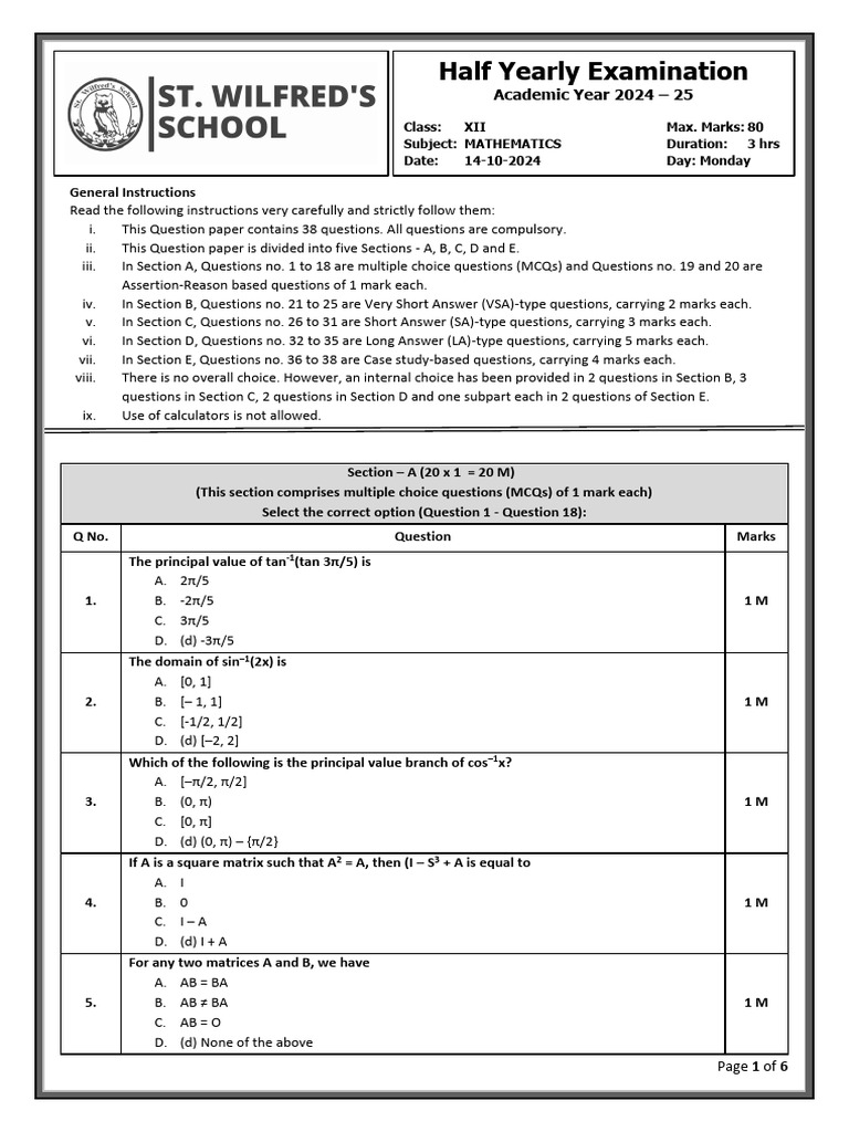 SWS - GRADE 12 MATHEMATICS (14th Sep) | PDF | Multiple Choice | Matrix ...