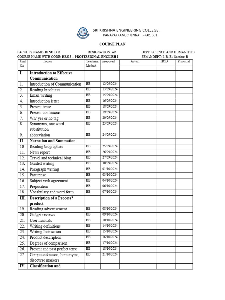 Professional English I Course Plan | PDF | English Language | Linguistics