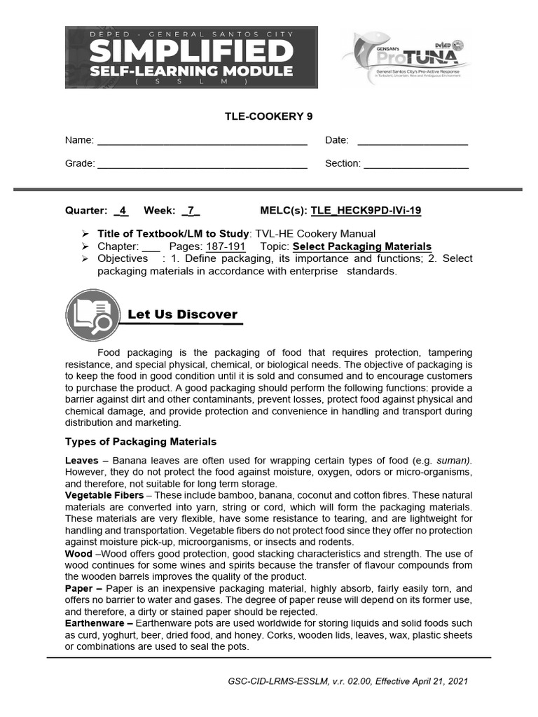 SSLM TLE Cookery9 Q4 Week7 1 | PDF | Glasses | Packaging And Labeling