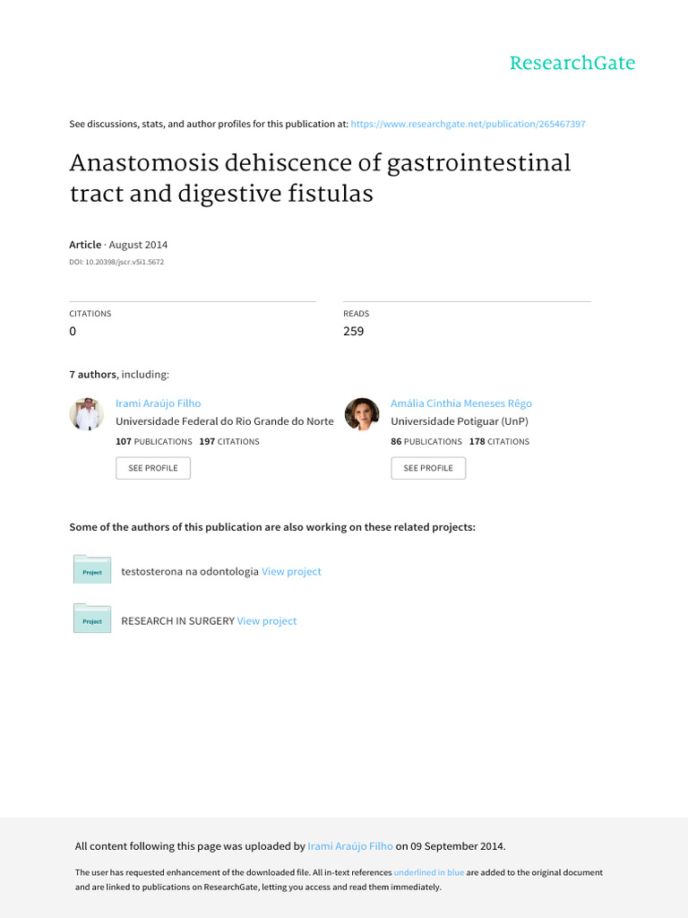 Anastomosis Dehiscence of Gastrointestinal Tract and Digestive Fistulas ...
