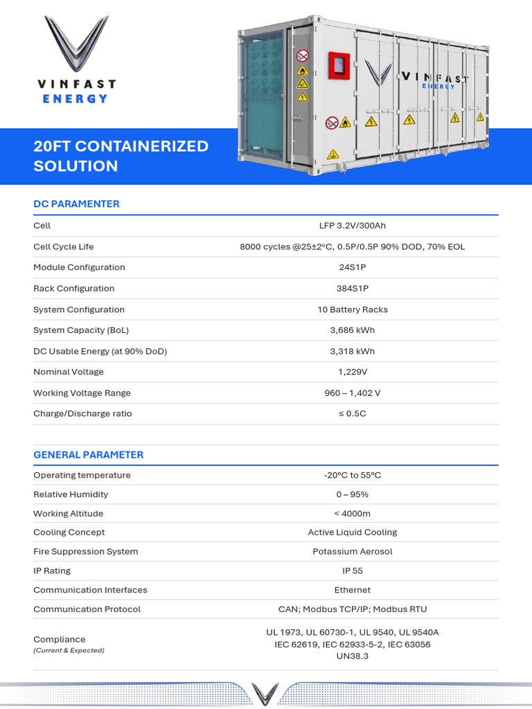 VinFast Energy - 20ft Containerized Solution - Technical Specification | PDF
