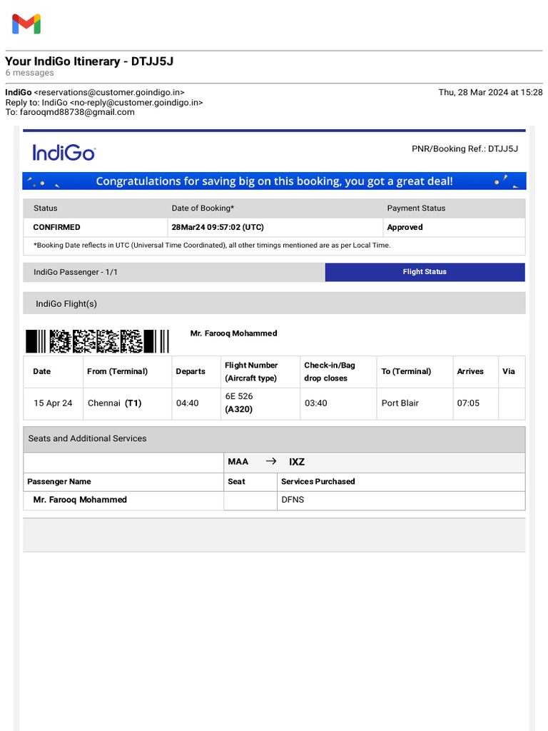 Gmail - Your IndiGo Itinerary - DTJJ5J | PDF | Airport | Identity Document
