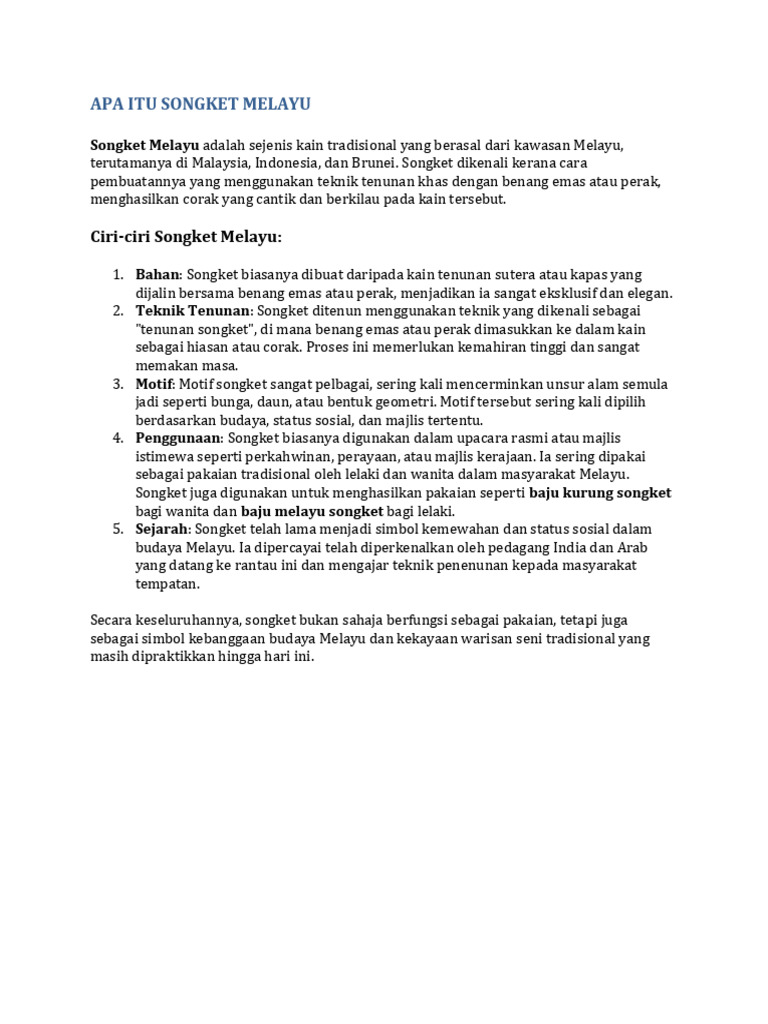 Apa Itu Songket Melayu | PDF
