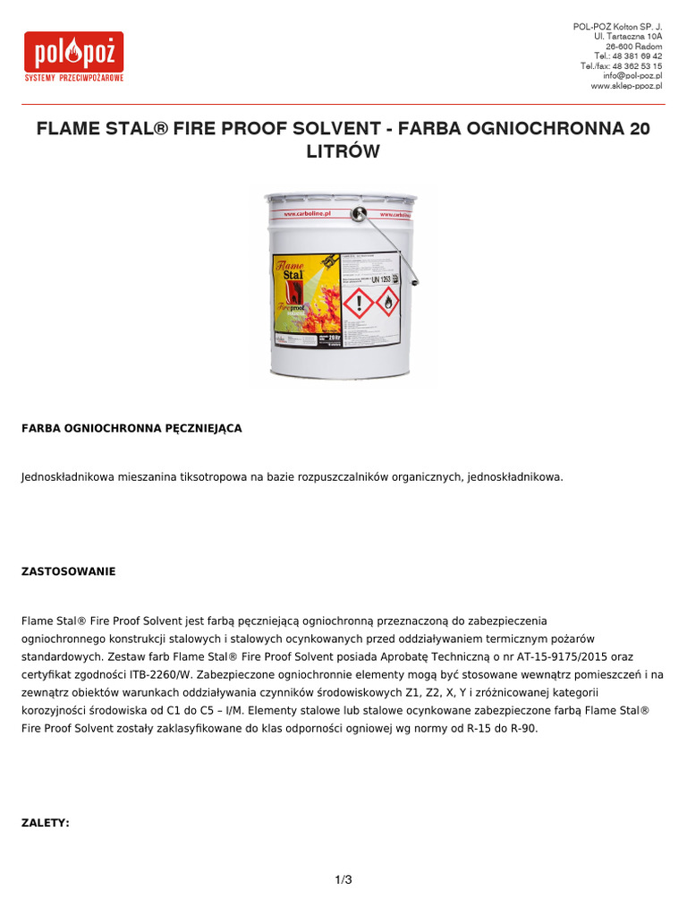 Flame Stal® Fire Proof Solvent - farba ogniochronna 20 litrów | PDF