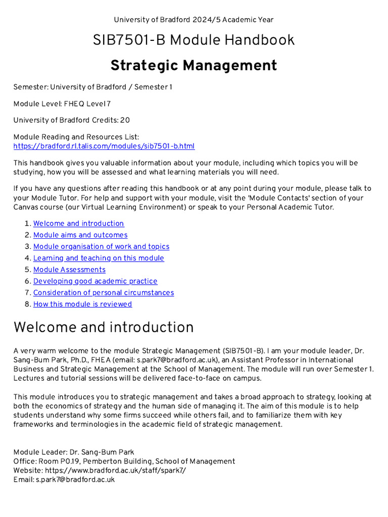 Strategic Management Module Handbook | PDF | Strategic Management | Lecture