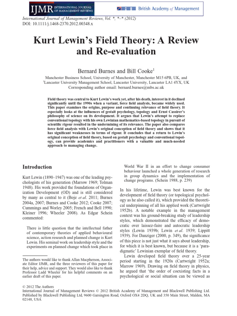 Kurt Lewins Field Theory A Review and Re | PDF | Psychology | Science