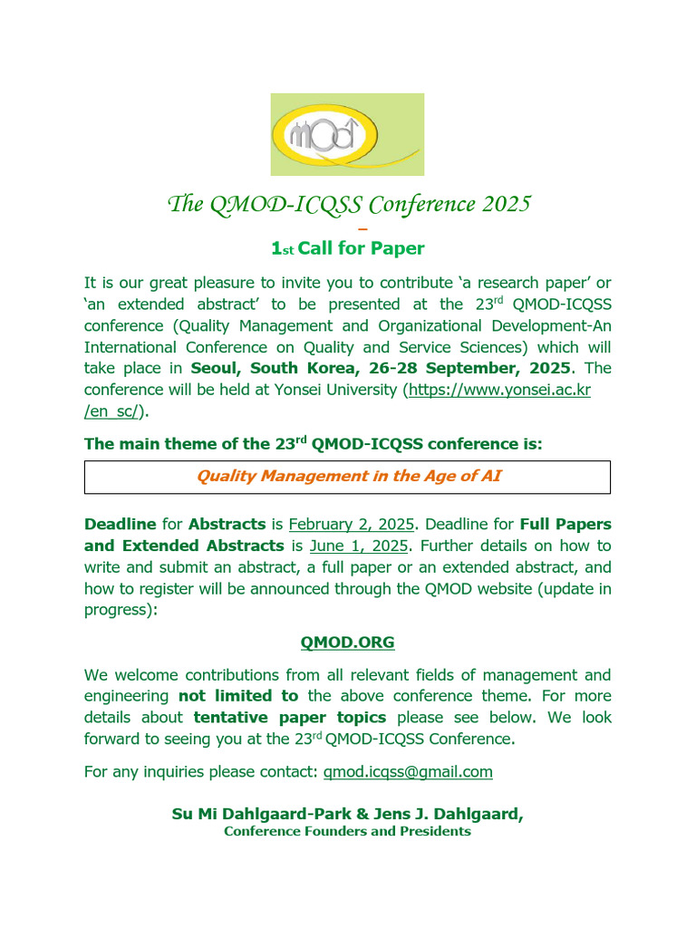 The 23th QMOD-ICQSS Conference 2025 Í ® Ðáý È | PDF | Quality Management | Economies