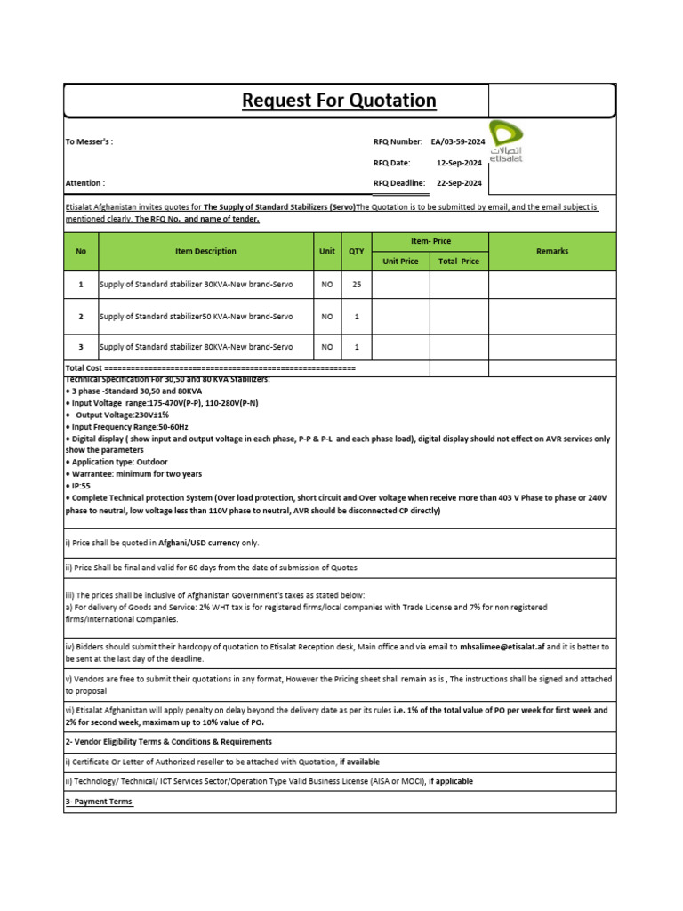 RFQ For Supply of Standard Stabilizers | PDF | Electrical Engineering