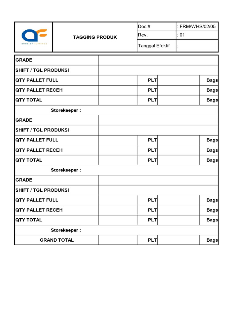 FRM.WHS.02.05 FORM TAGGING PRODUK Rev.01 | PDF