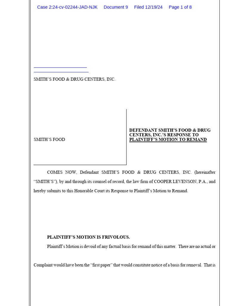 Defendants Response To Motion To Remand | PDF | Diversity Jurisdiction ...