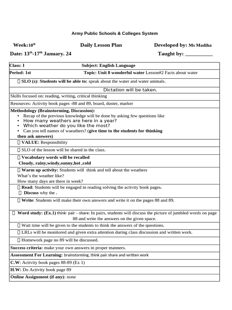C1 Eng Lang Week10 Madiha | PDF | Lesson Plan | Learning
