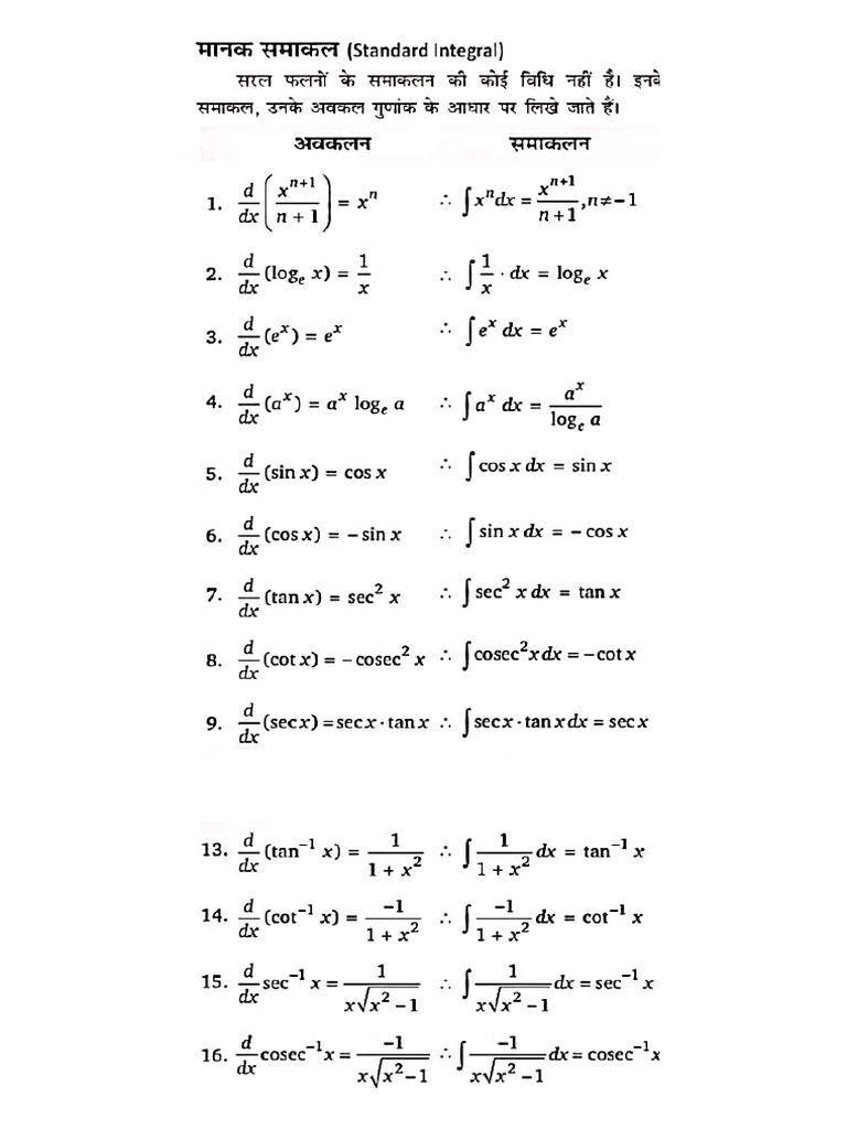 class 12th maths chapter 7 integration formula do in copy | PDF